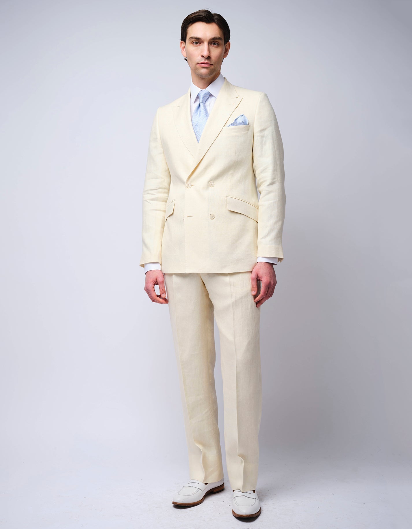 Cream Double Breasted Herringbone Linen Suit | Gresham Blake Online