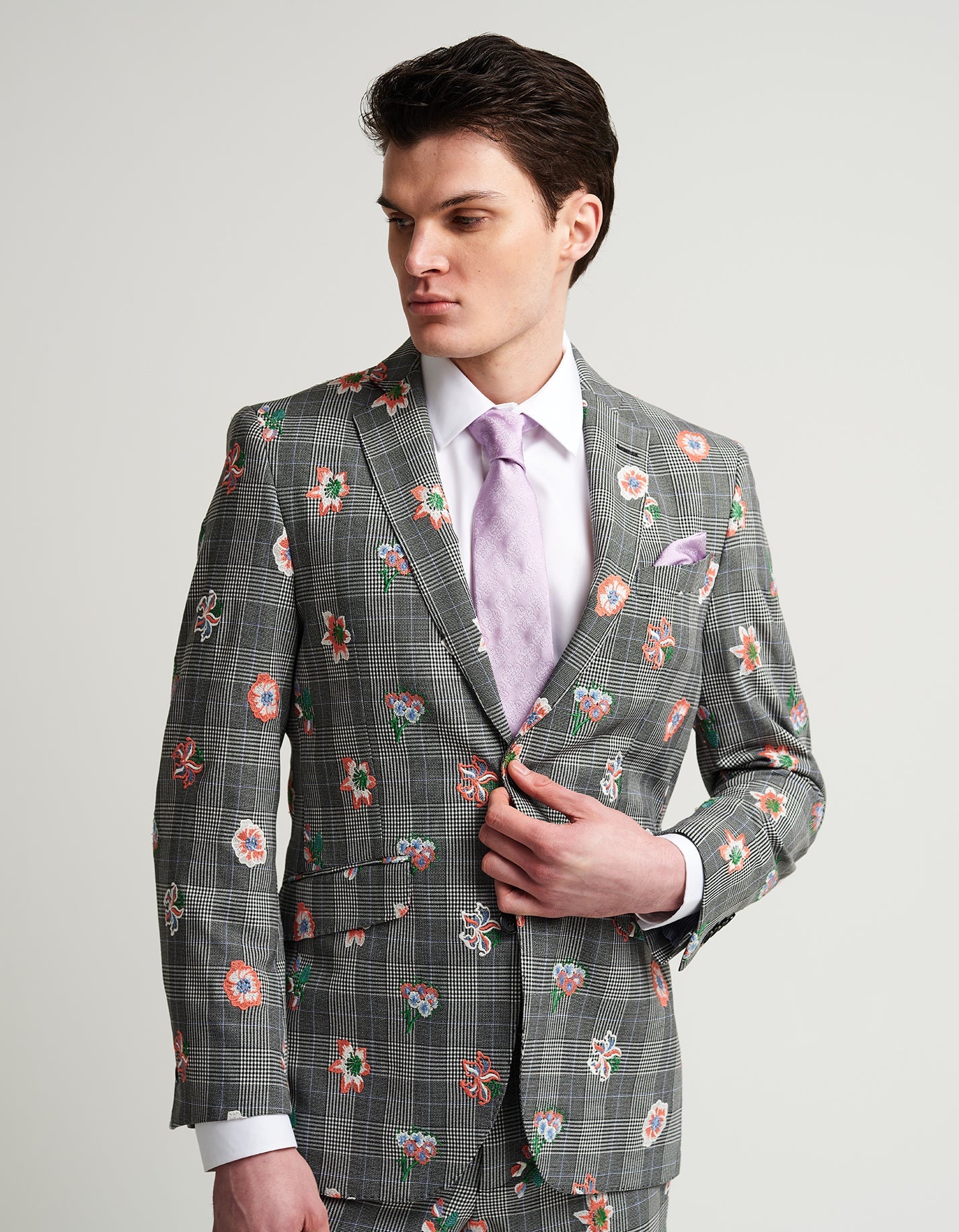 Grey Check Floral Embroidered Suit | Gresham Blake Online